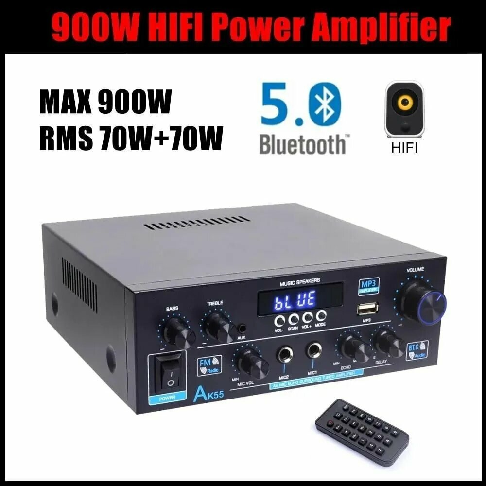 AK55 900Вт Домашний Усилитель Мощности 2.0 Канальный Bluetooth 5.0 Hifi Цифровой Стерео Усилитель Звука 2.0 450Вт+450Вт Сабвуфер
