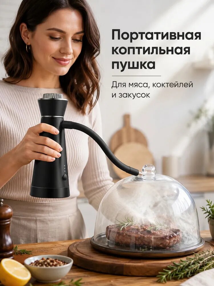 Ручной дымогенератор для продуктов и коктейлей, портативный кулинарный смокер с регулировкой интенсивности дыма, на 2 батарейках AA