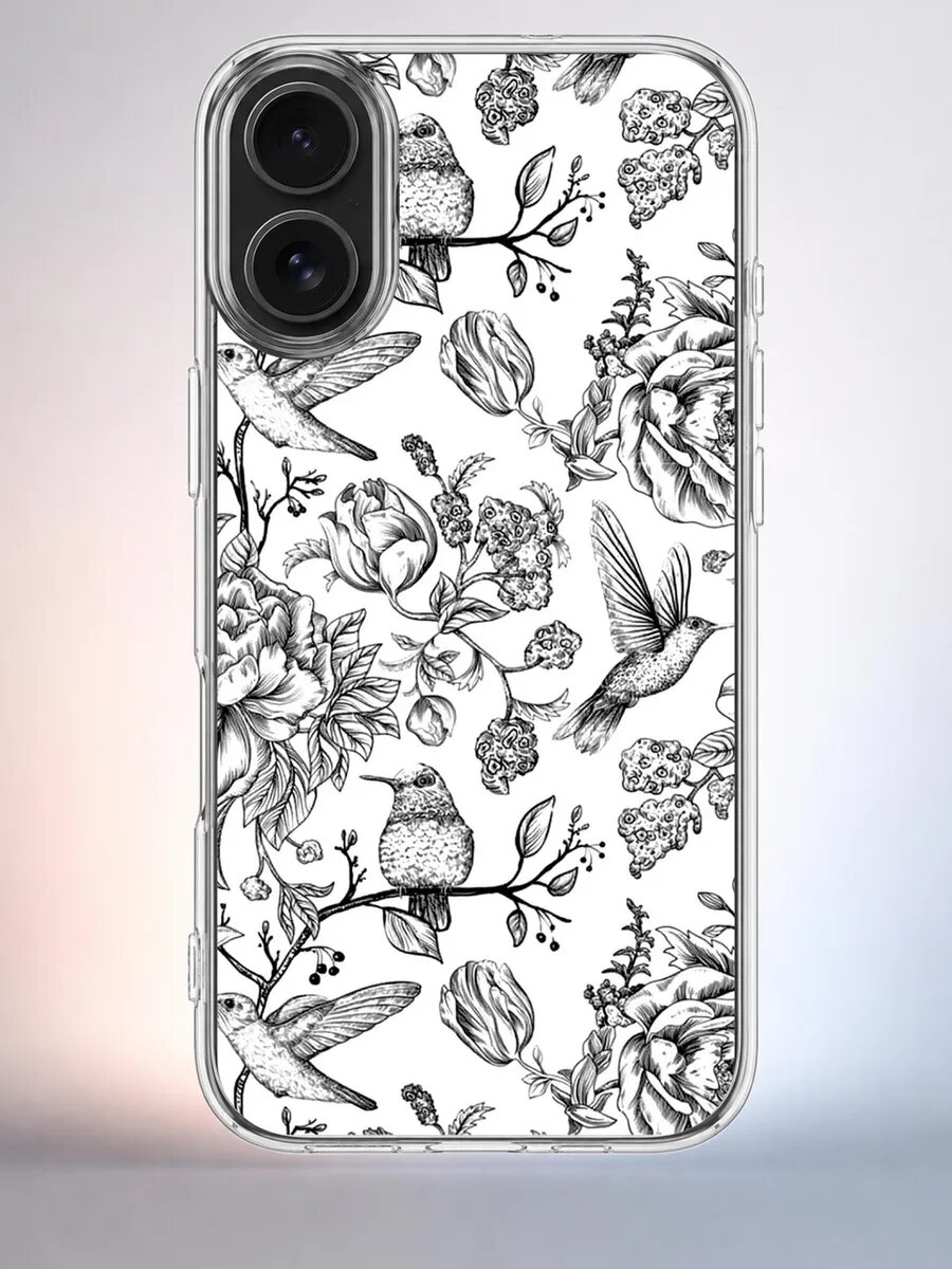 Чехол iPhone 16 птицы и цветы силиконовый прозрачный
