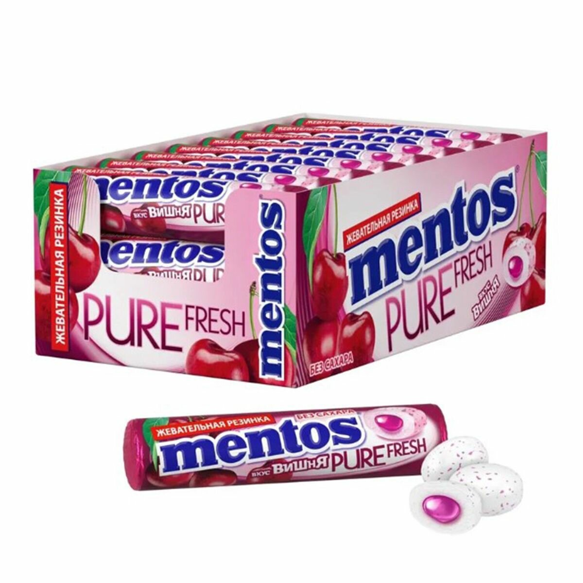 Жевательная резинка Mentos Pure Fresh "Ролл Вишня", 15,5г, 24 уп.