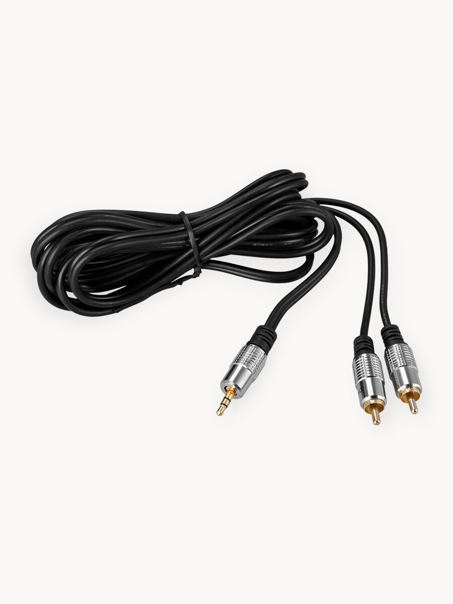 Шнур (Стерео 3,5 мм - 2 RCA) 3 м для передачи аналогового аудиосигнала, цвет: Черный и золотой (металл) REXANT