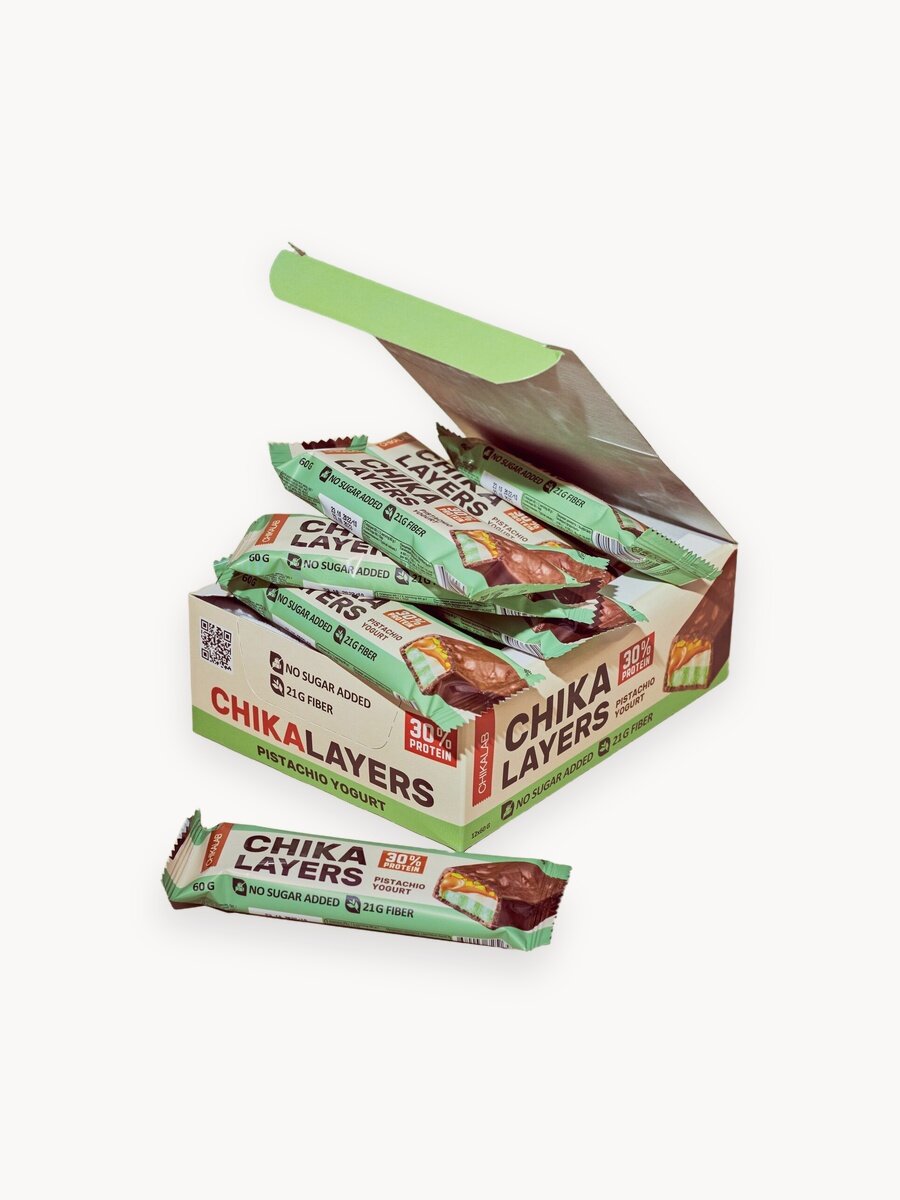 Протеиновые батончики Chika Layers в шоколаде без сахара "Фисташковый йогурт", 12шт х 60г