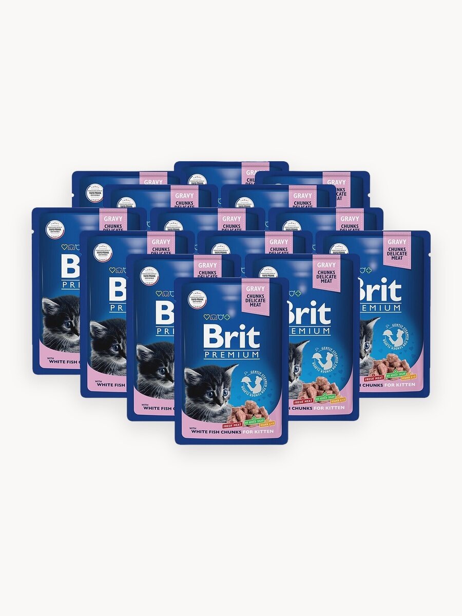 Влажный корм Brit Premium пауч для котят (кусочки в соусе) Белая рыба, 85 г х 14 шт.