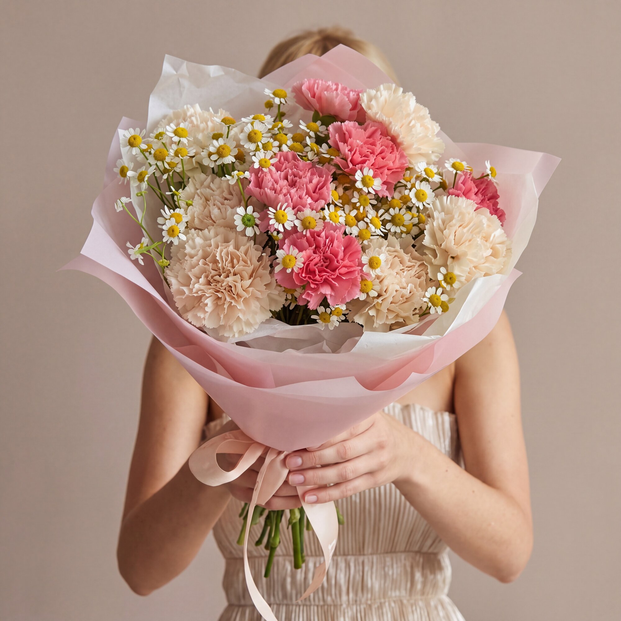 Букет живых цветов с гвоздиками и полевыми ромашками Букет 113 Floret размер S