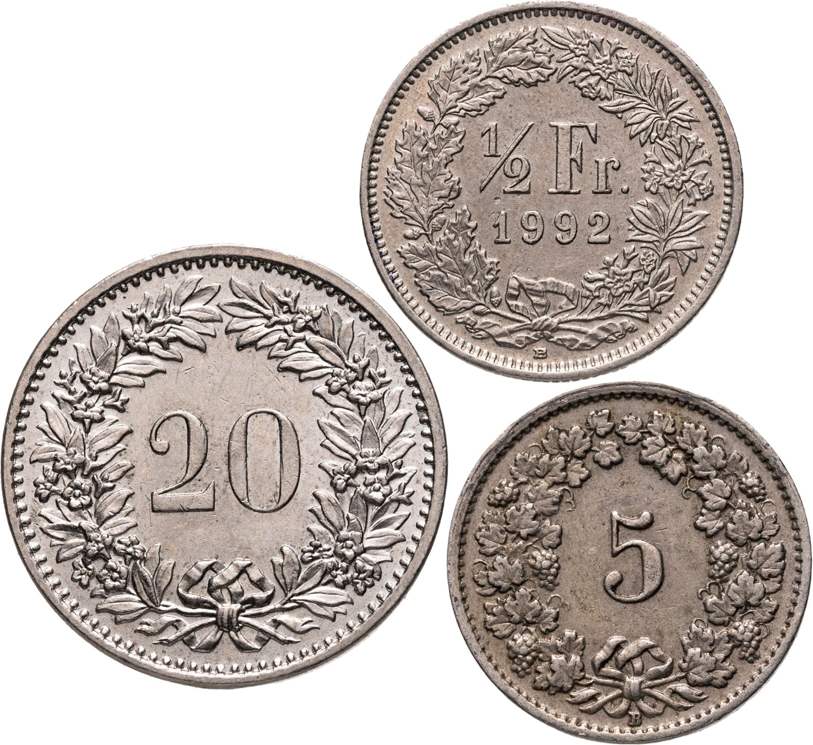Швейцария набор из 3 монет 1953-1992, Никель, в сохранности XF