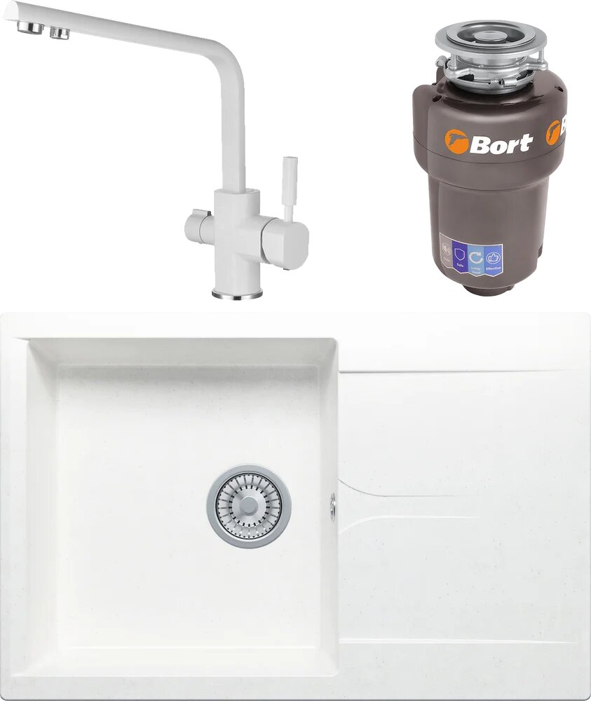 Комплект Мойка Polygran Gals 760 76x50, белая хлопок, искусственный гранит / Смеситель Kaiser Decor 40144-10 белый, белый / Измельчитель Bort Titan 5000 Control электрический, нержавеющая сталь