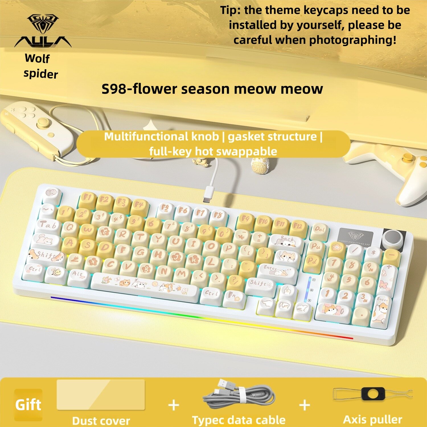 AULA S98 Беспроводная механическая клавиатура игровая трехрежимная Bluetooth USB Type-C беспроводная 2.4G