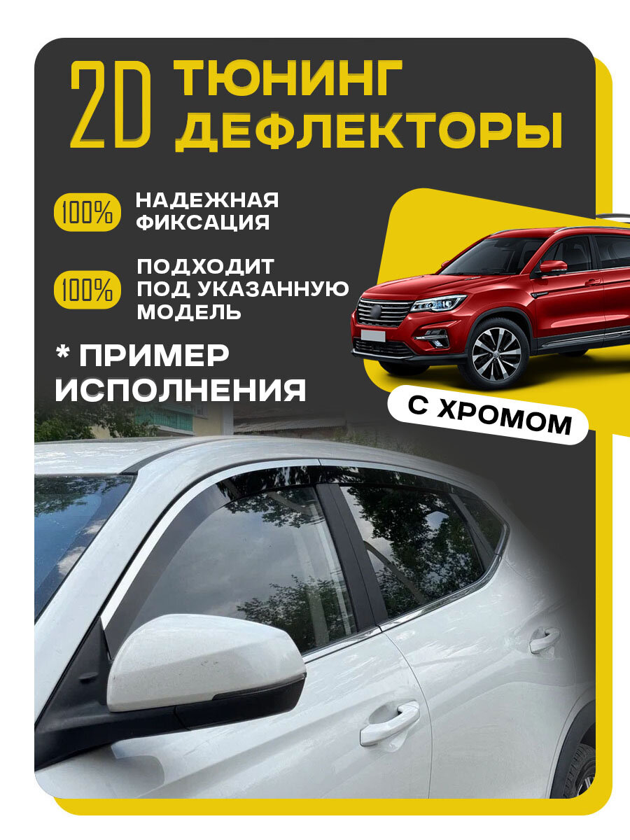 Плоские тюнинг дефлекторы с хромом для окон Changan CS75 (2014-н. в) 1 поколения / Ветровики на Чанган ЦС75 / 2d дефлекторы. Комплект 6 шт.