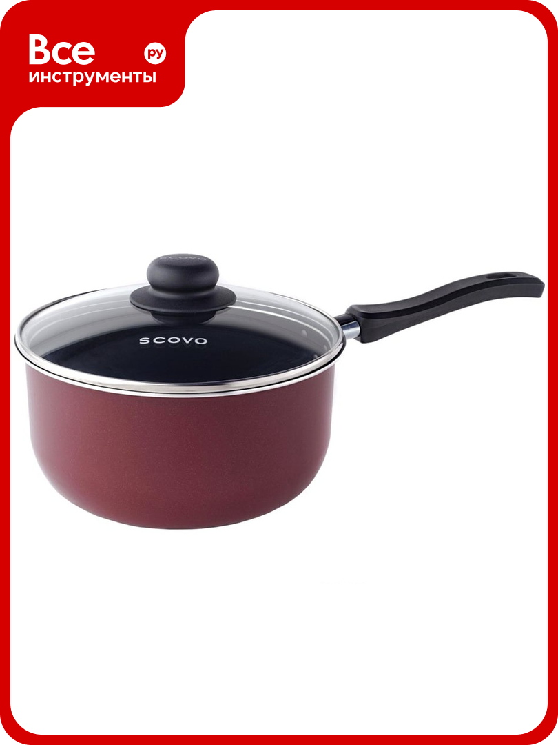 Ковш SCOVO 2 л с алюминиевым корпусом, стеклянной крышкой, незагреваемой ручкой, для газовых и электрических плит