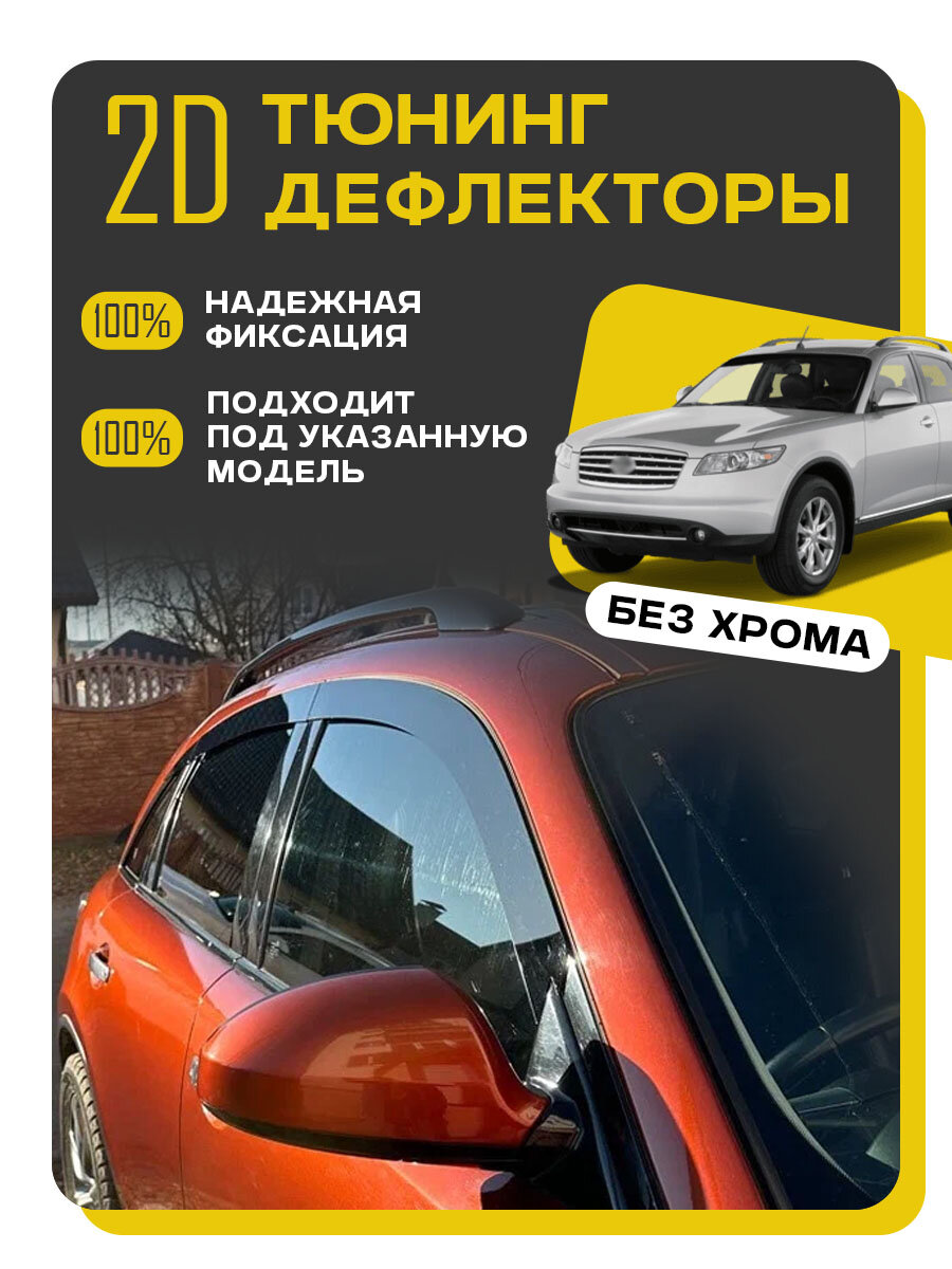 Плоские тюнинг дефлекторы для Infiniti FX I (S50) (2002-2009) Ветровики для Инфинити фх (С50), 1 поколение / 2d дефлекторы. Комплект 6 шт.