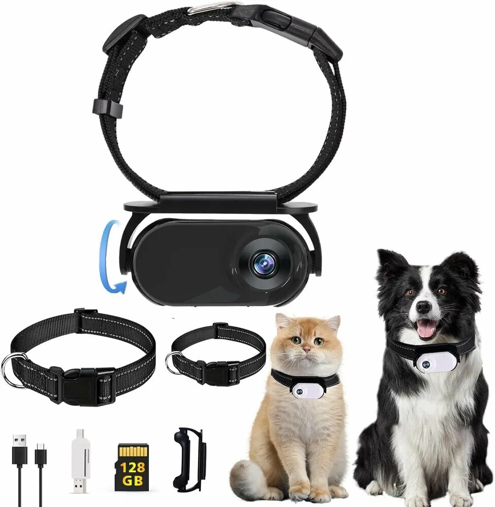 Ошейник для кошки, собаки с камерой Экшн-камера для животных, 128 ГБ с поворотом на 360 HD 1080P-.