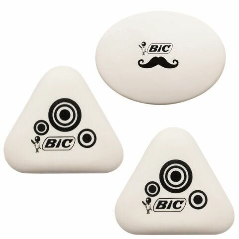 10 шт. Набор ластиков BIC, "Mini Fun" 3 шт, белый с рисунком, 2 треугольных и 1 овальный, 927870