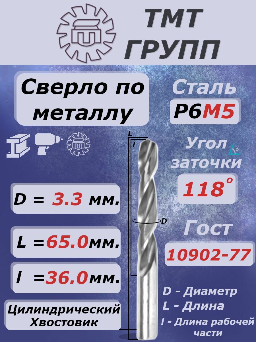 Сверло 3.3 мм. по металлу, цилиндрический хвостовик, ц/х, Р6М5 ТМ*