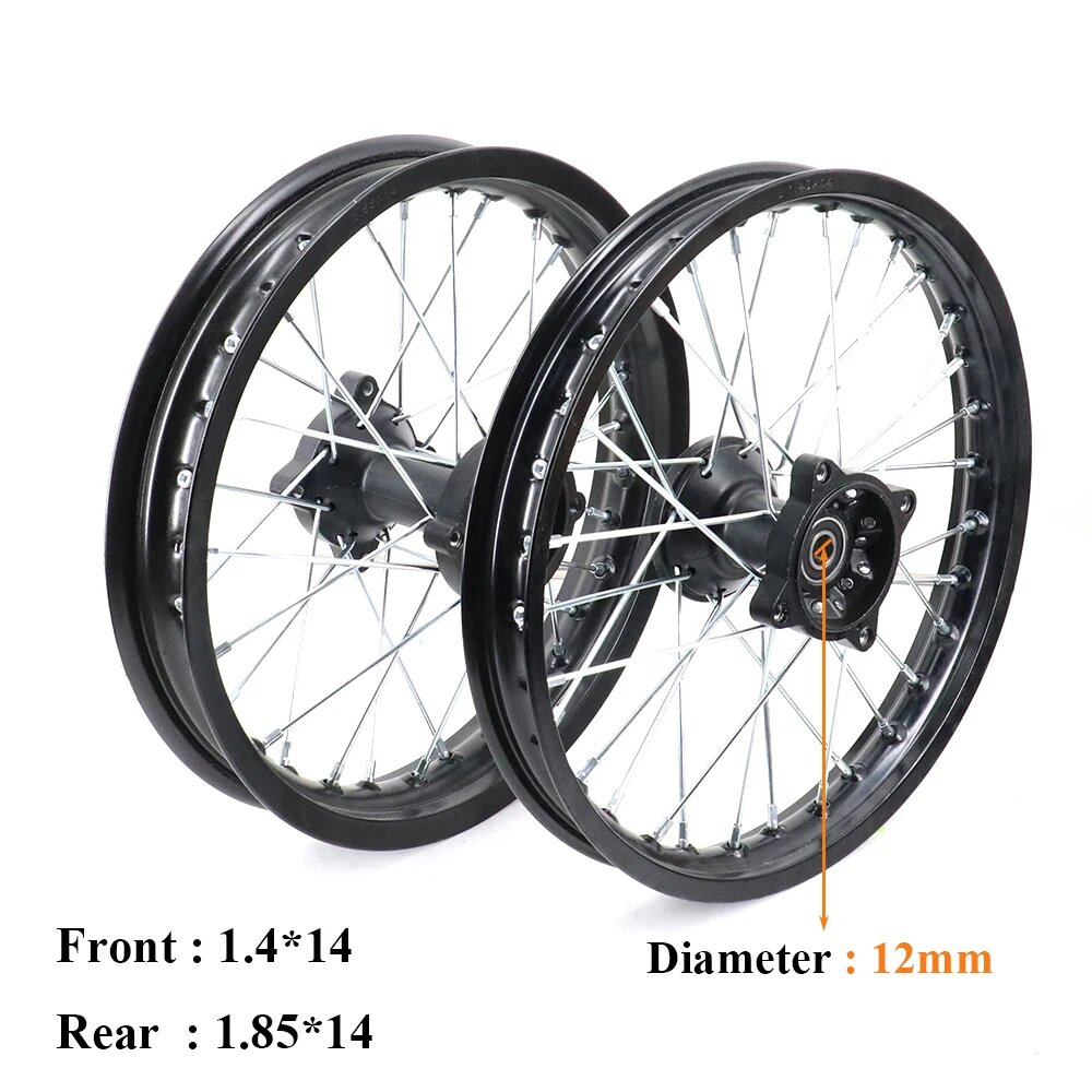 Мотоциклетные 14-дюймовые передние колесные диски 1,4x14 сзади 1,85x14 из алюминиевого сплава с ступицей 12 мм/15 мм 14 дюймов для мотокросса, питбайка, велосипеда 12mm Hole