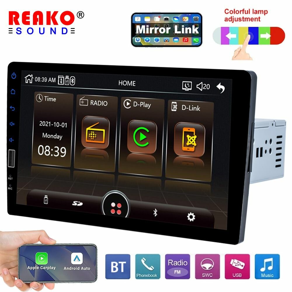 1 din Автомагнитола для авто 9"дюймов Магнитола Carplay MP5 Bluetooth USB FM