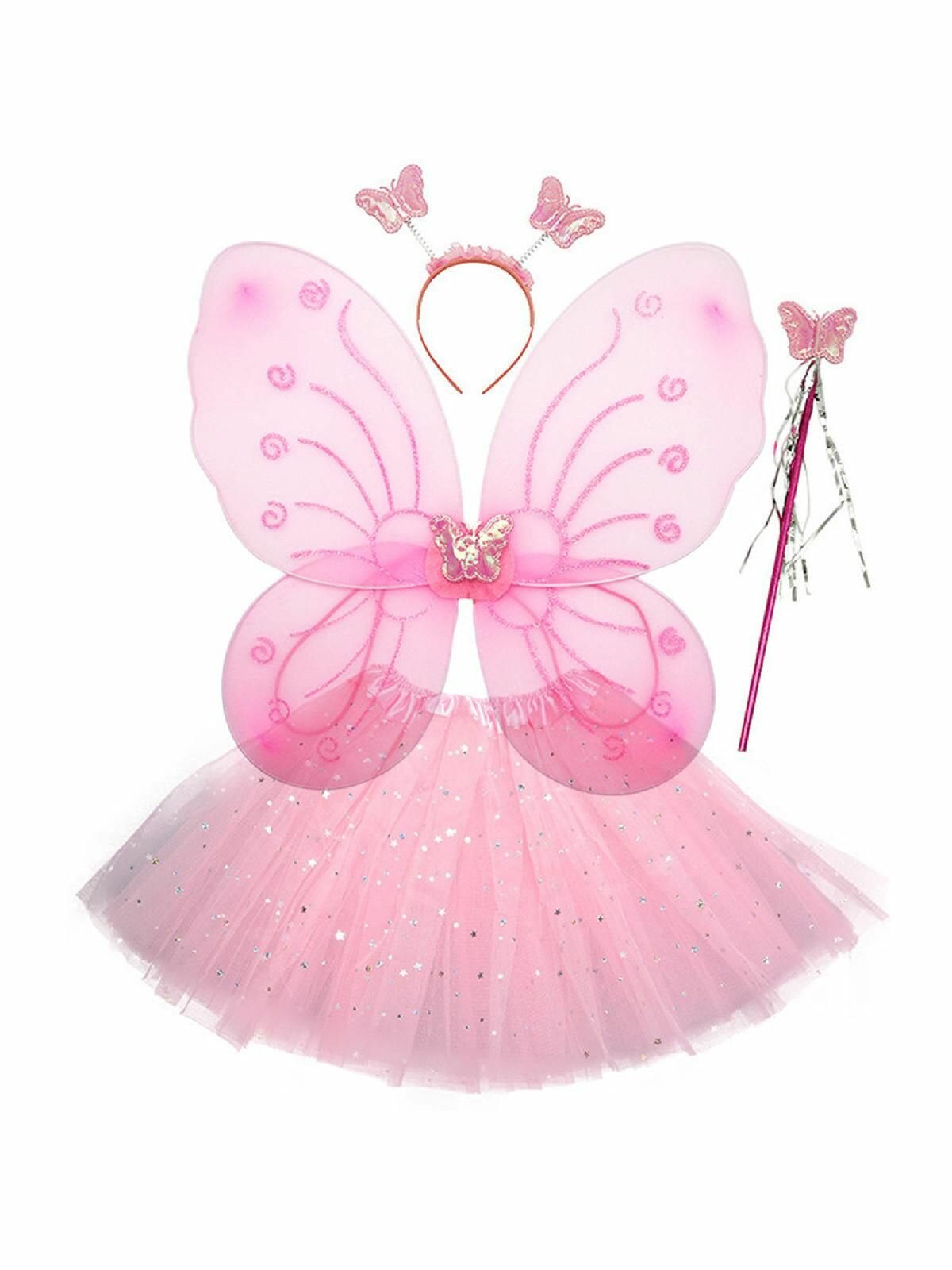 Костюм феи с крыльями бабочки, юбкой, повязкой и палочкой, набор из 4 предметов, Розовая юбка с блестками