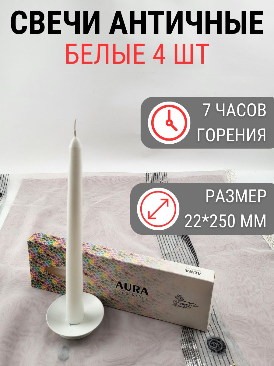 Свеча Античная 22х250 мм, белая, время горения: до 7 часов, 4 шт.