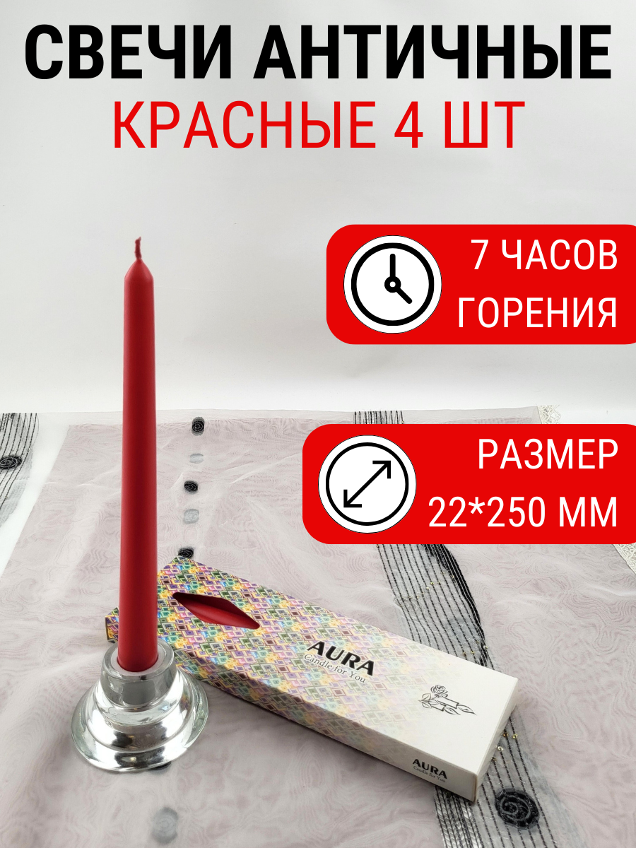 Свеча Античная 22х250 мм, красная, время горения: до 7 часов, 4 шт.