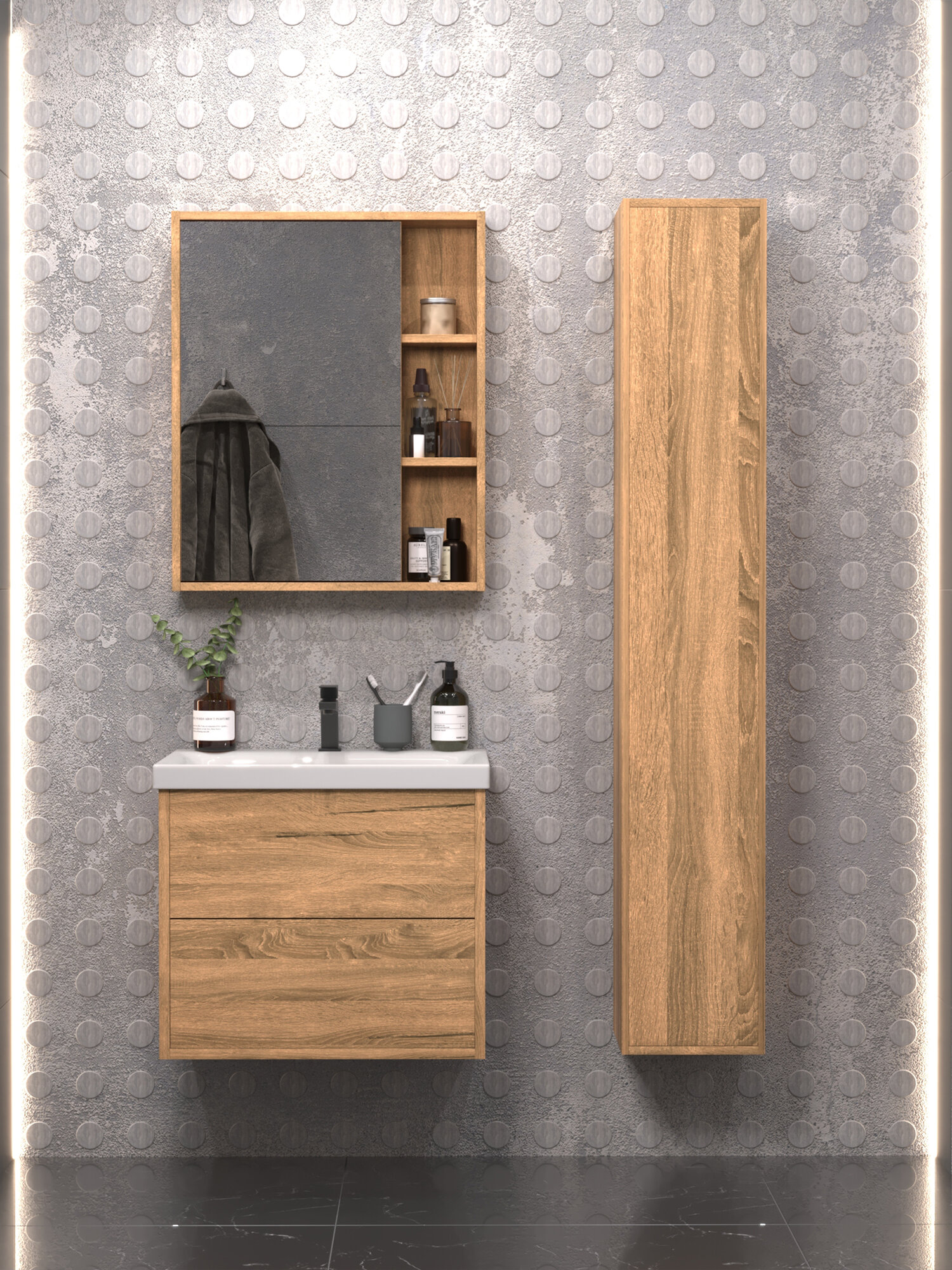 Шкаф-пенал напольно/подвесной Vannika Rinni для ванной комнаты, дуб вотан