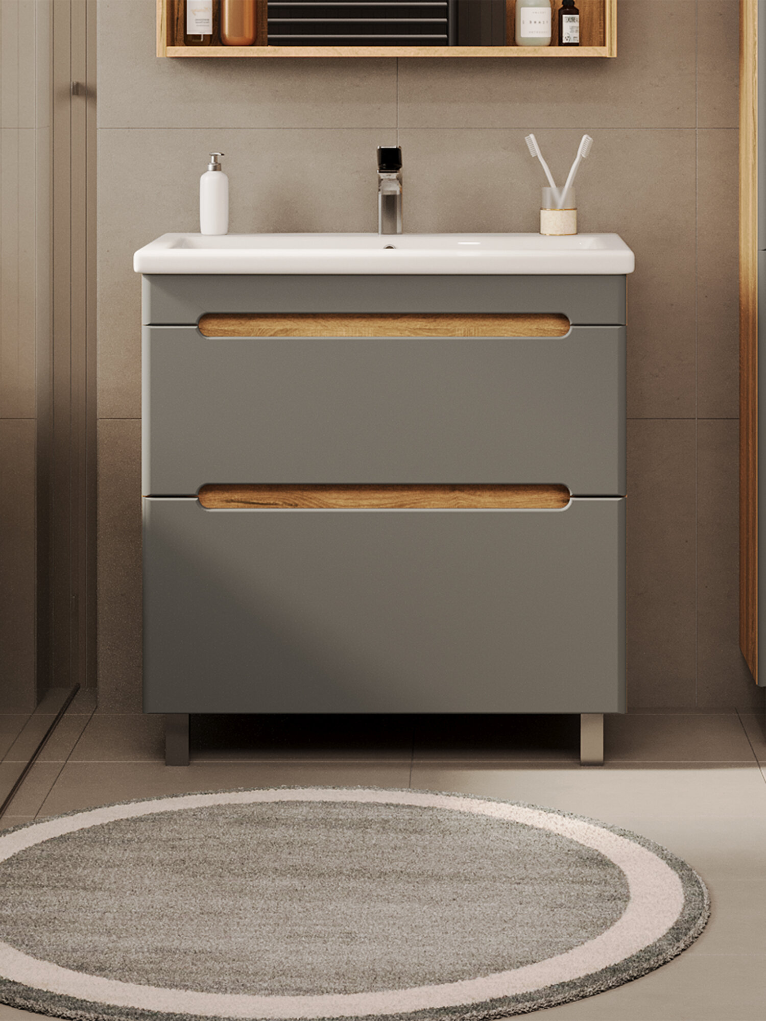 Тумба напольная Vannika Canto 70 с раковиной Como 70 для ванной комнаты, дуб вотан, графит софт