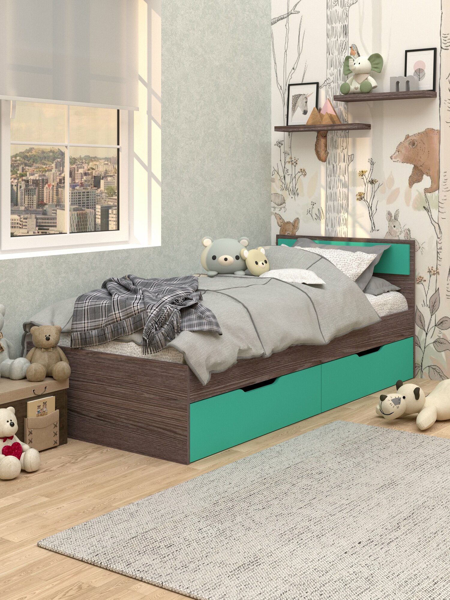 Есэндвич Монако Кровать 90х200 односпальная 203х78х93 см (Анкор тёмный/Аква) с ящиками