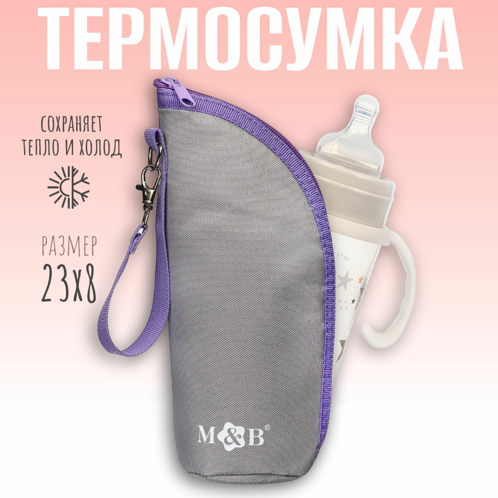 Термосумка для бутылочки M&B на молнии, серая, вид аксессуара: термосумка