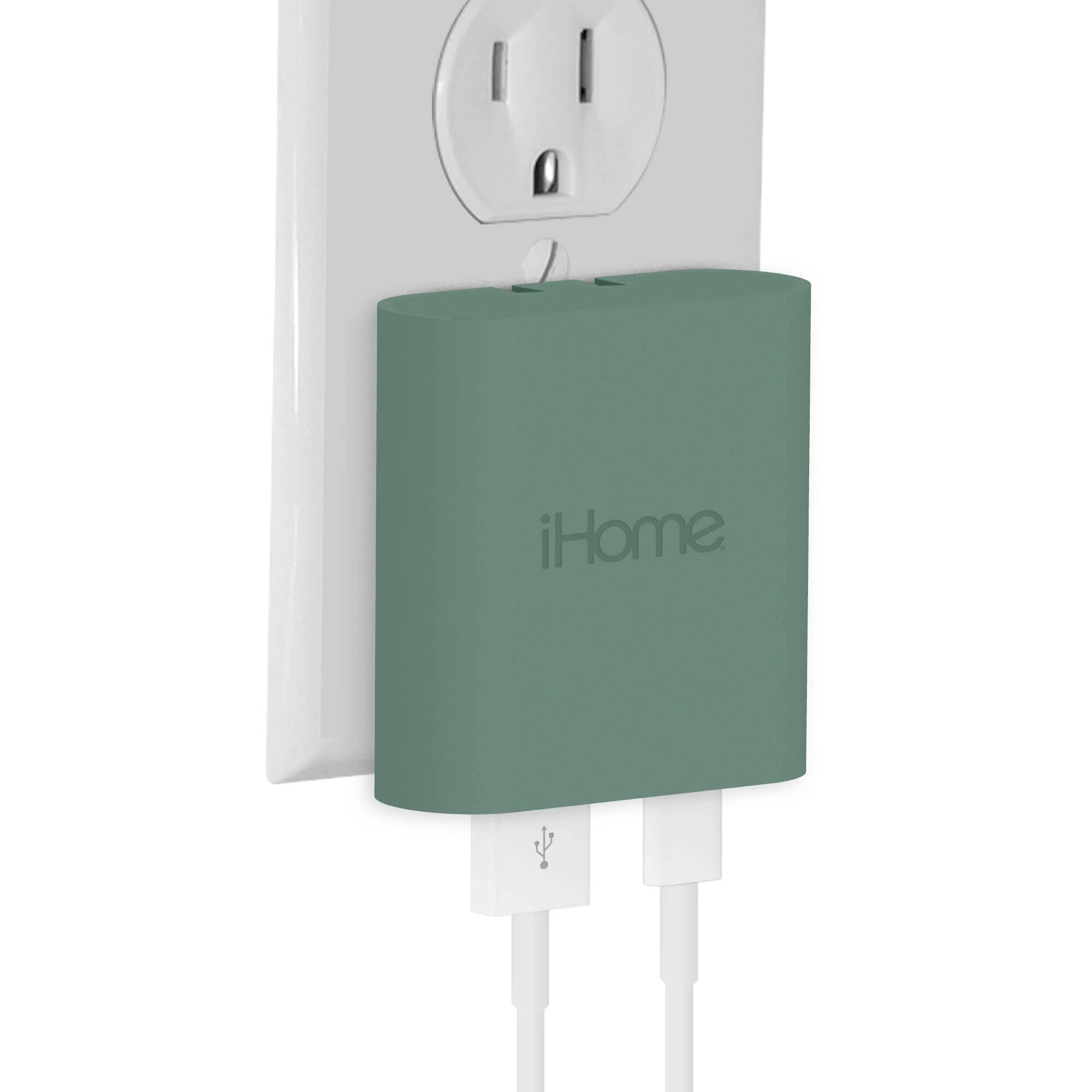 IHome 20 Вт USB-C и USB-A двухпортовое настенное зарядное устройство со складными штырями, белое
