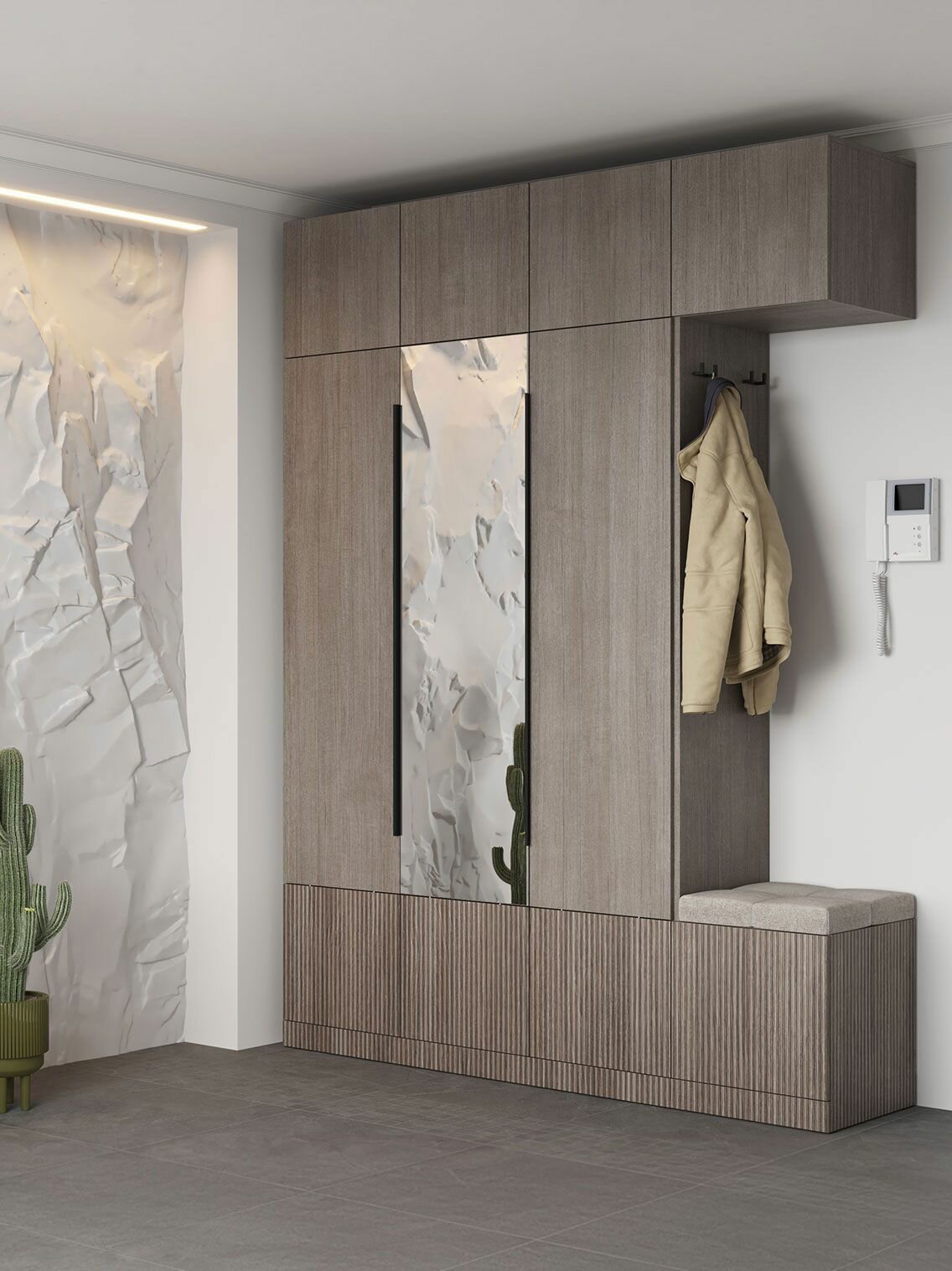 Прихожая комплект Кантри, с зеркалом, 180х45.5х240 см, Тира / Кадена Вуд / Бежевый, велюр