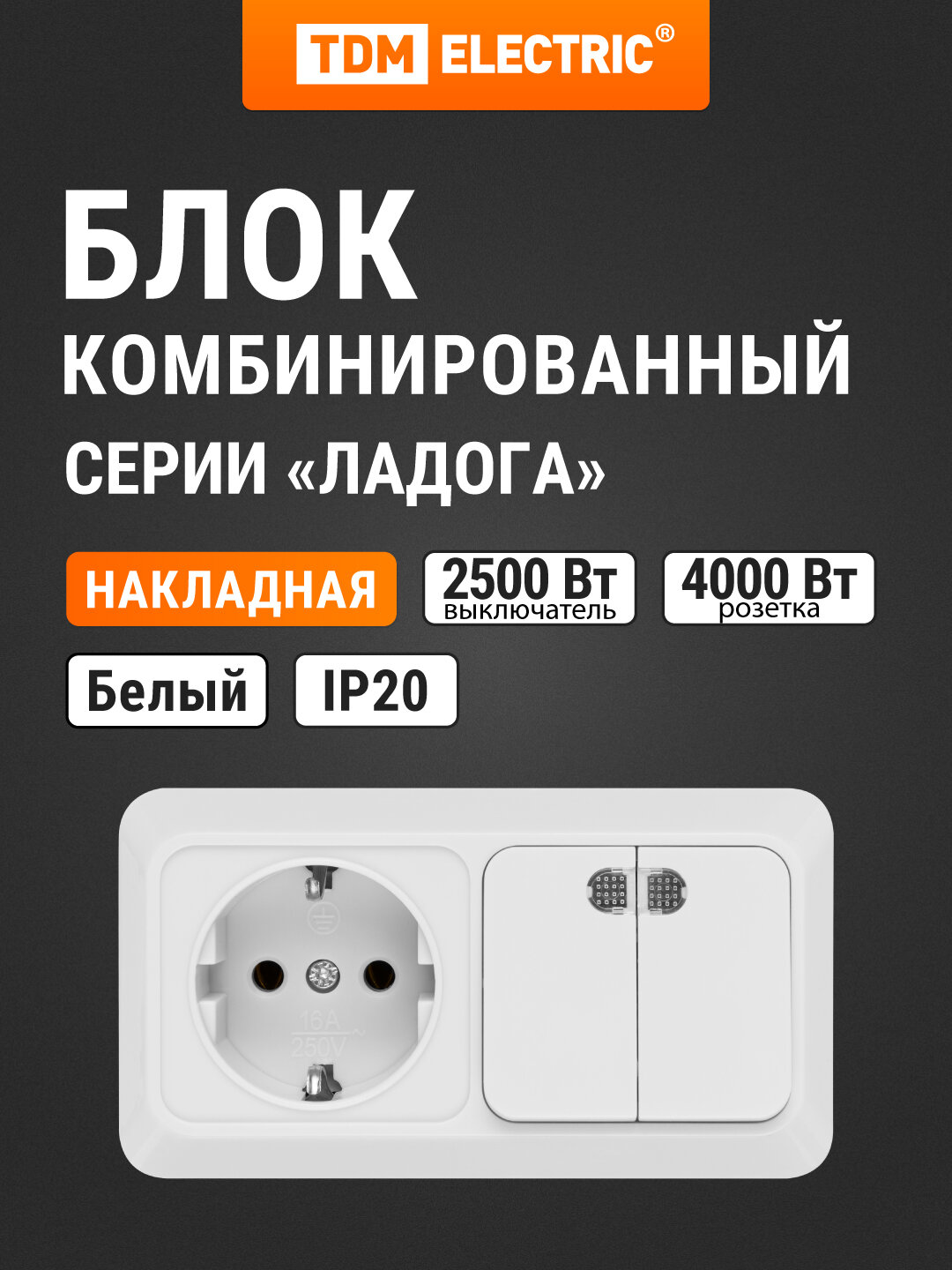 Блок комбинированный выкл. 2-кл. с/п 10А + розетка 2П+З 16А 250В бквр IP20 белый "Ладога" TDM