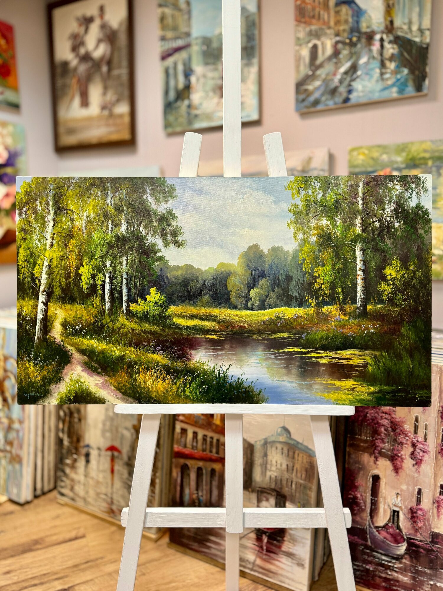 Картина маслом "Летний пейзаж. Река в лесу. Тропинка" Живопись. 100% ручная работа. Художественная мастерская Грёзы. Размер 90x50 см.