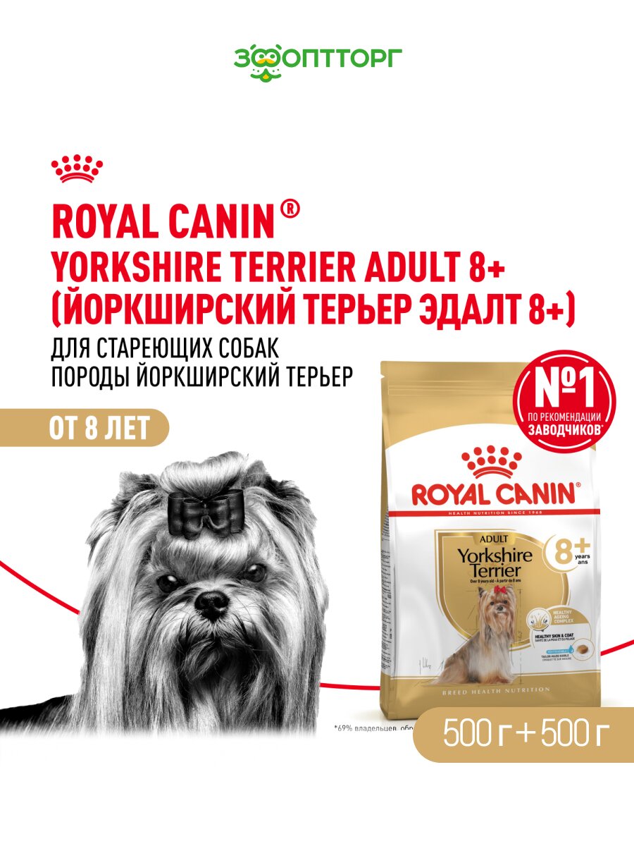 Сухой корм Royal Canin Yorkshire Terrier Adult 8+ для собак породы йоркширский терьер старше 8 лет Птица, 500 г х 2 шт.