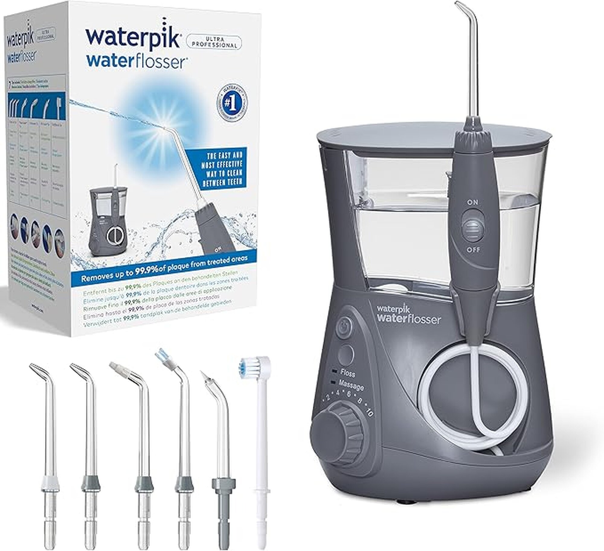 Ирригатор WaterPik WP-100EU, 10 режимов, 7 насадок, цвет серый