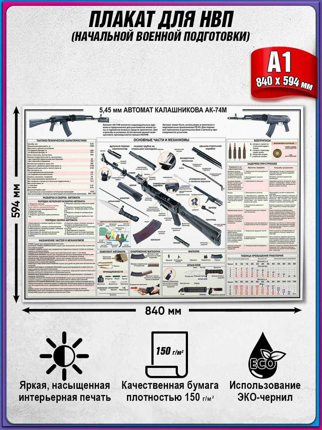 Информационный учебный плакат "5,45 автомат Калашникова АК-74М" / А1 (84x60 см.)