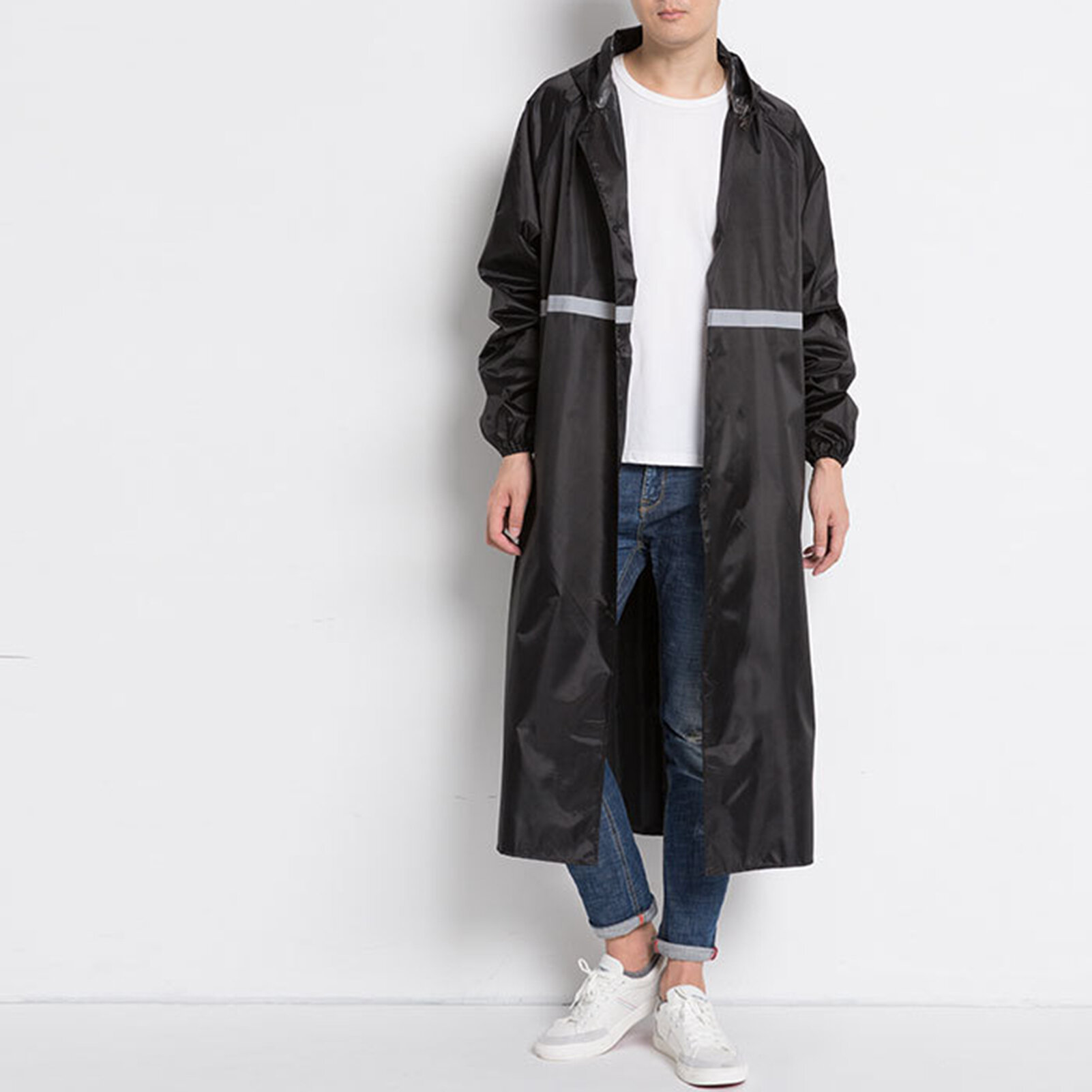 Длинный дождевик, утолщенный, со светоотражающими элементами, черный, XL