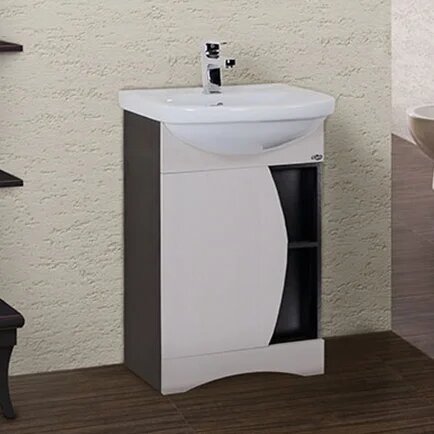 Тумба с раковиной Onika Дуэт 52.01 напольная, 52 см, темное дерево, светлое дерево, с дверками, раковина для ванной, фарфоровая, полукруглая, встроенный слив-перелив