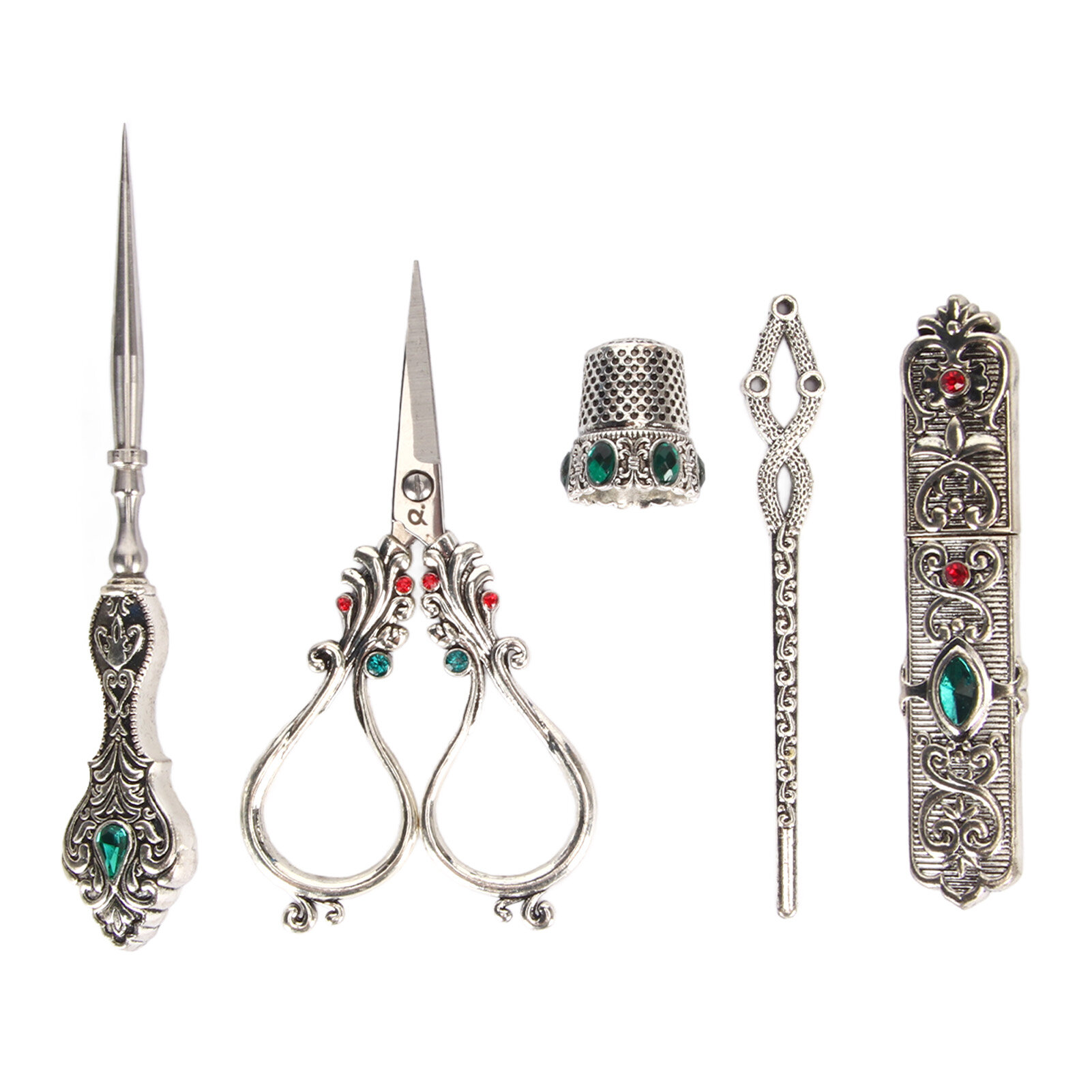 Винтажные ножницы для ниток из серебряного сплава, набор ножниц для вышивания из 5 предметов для рукоделия, набор для шитья с высококачественными ножницами для удобного шитья