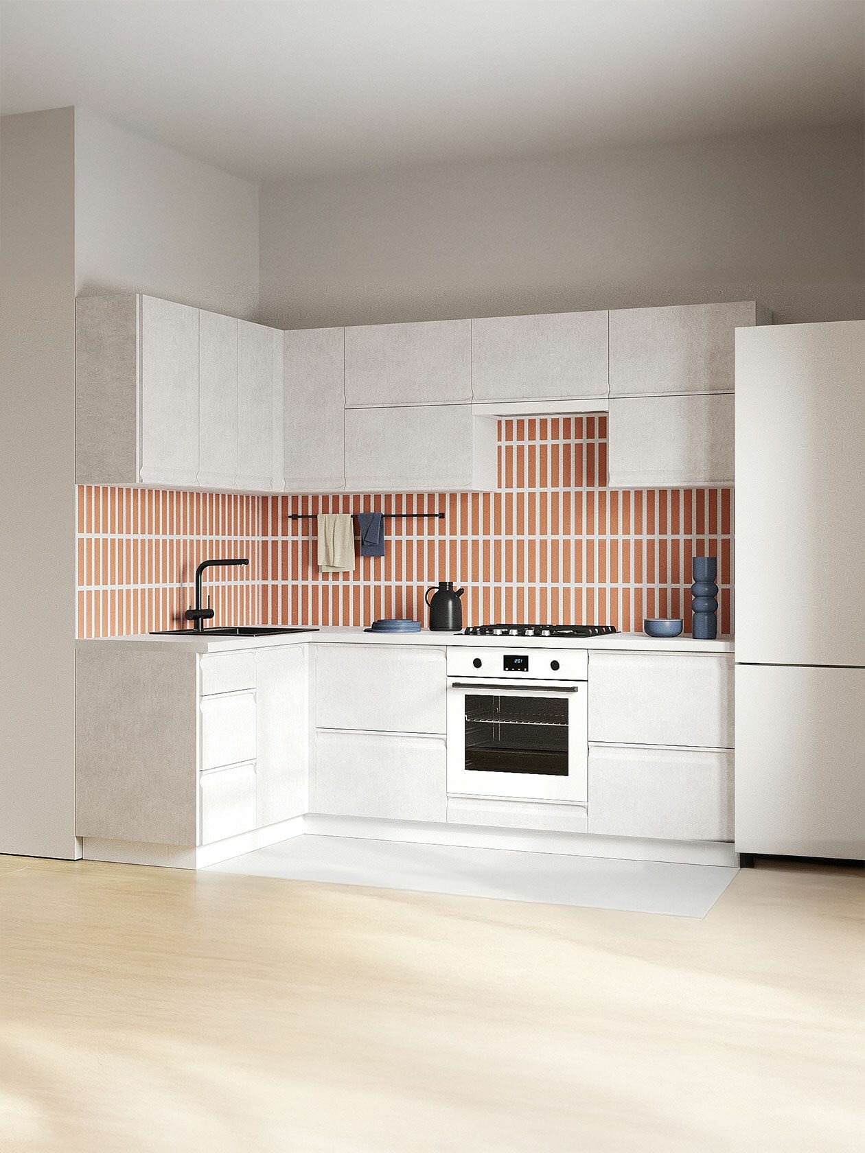 Кухонный гарнитур Велюр 240х140 см, мебель для дома и кухни, Белый / Бетон снежный