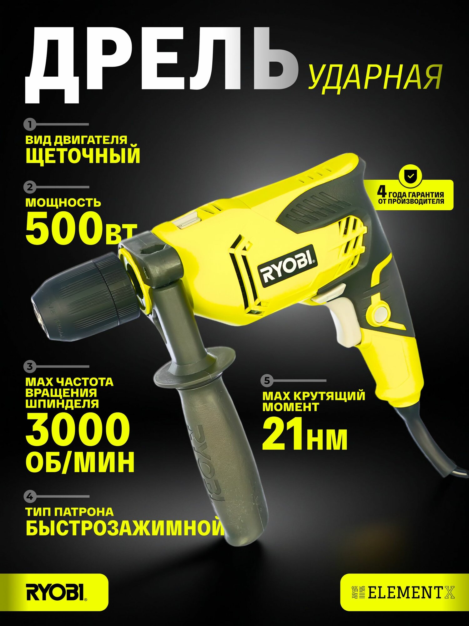 Ударная дрель Ryobi RPD500-G 5133001832