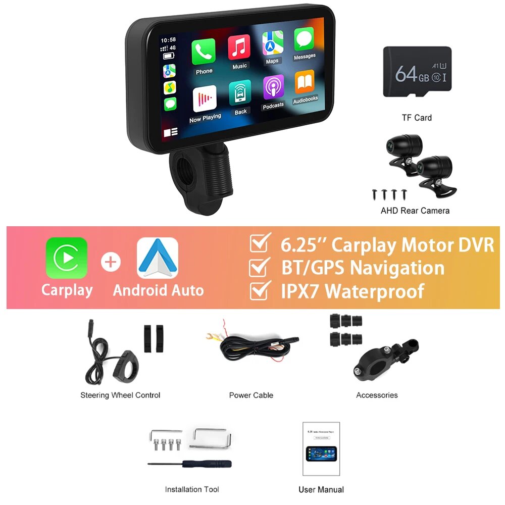 Podofo Мотоциклетная навигация Carplay 6,25 'Смарт-плеер Android Auto IP67 Водонепроницаемый Carplay Портативный мотоциклетный монитор двигателя, with 64G CAM