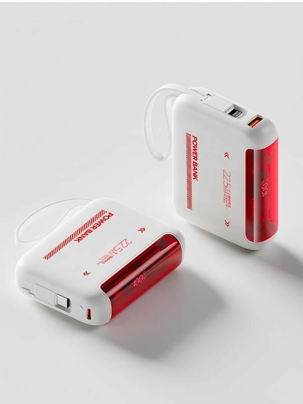 Cafele внешний аккумулятор Power Bank 20000 мАч с 2 встроенными кабелями 22.5W быстрая зарядка, 4 устройства одновременно, LED экран, компактный внешний аккумулятор для телефона и планшета