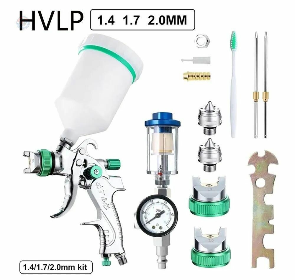 Пневмокраскопульт HVLP, 3 сопла 1.4/1.7/2.0 мм, 600 мл чаша, алюминиевый корпус, регулятор давления и фильтр, для грунтовки, лака и покраски мебели, автомобиля, дома и мастерской