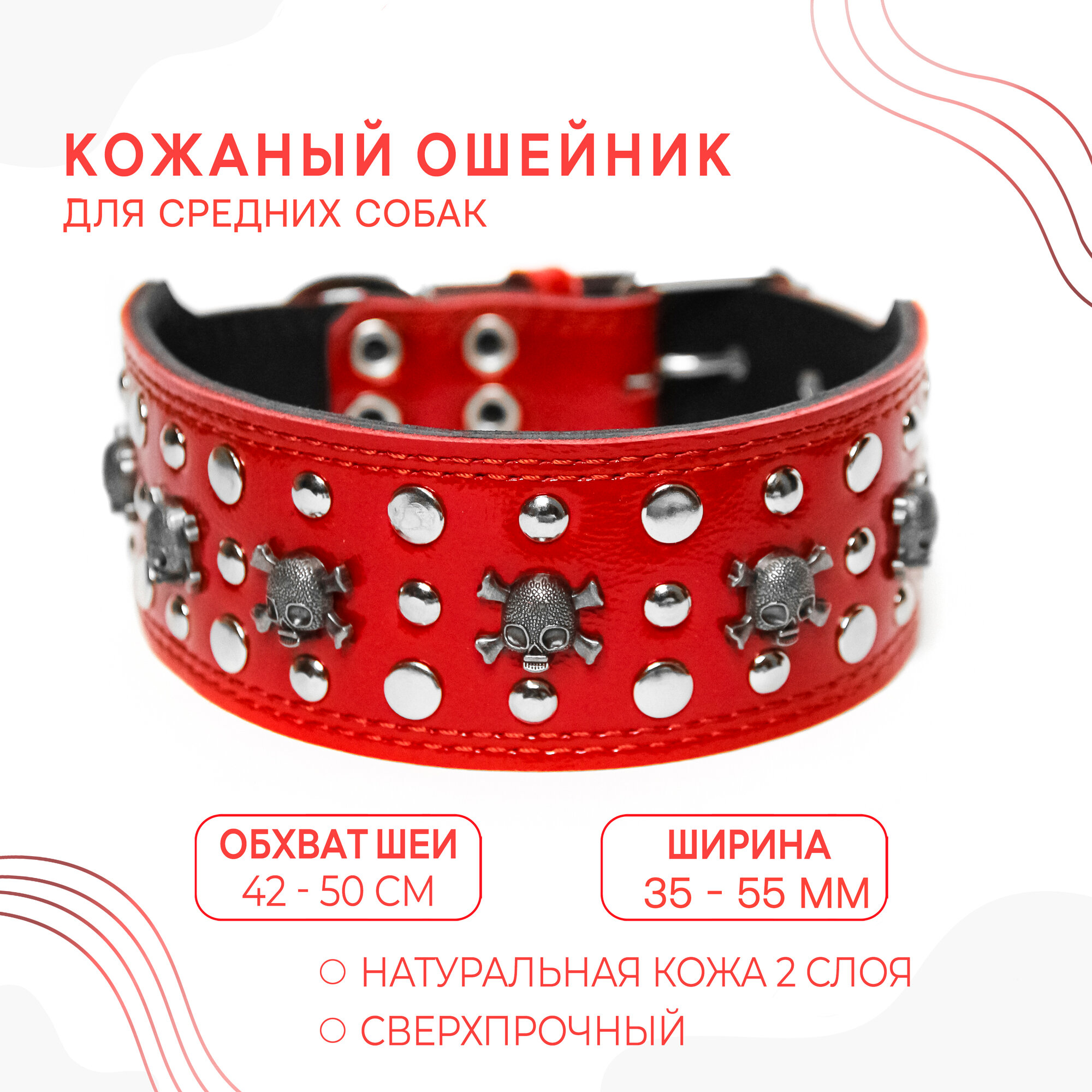 Кожаный ошейник с расширением (обхват шеи 42 - 50 см, 2 слоя) для собак средних пород; Клёпанный