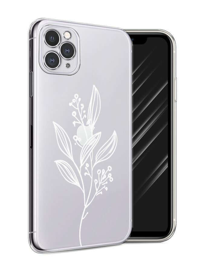 Чехол на Apple iPhone 11 Pro Max / Айфон 11 Про Макс с принтом "Ветка с листочками и цветами", прозрачный