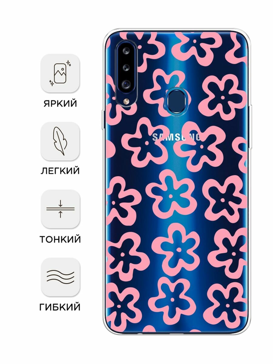 Чехол на Samsung Galaxy A20s / Самсунг Галакси A20s с принтом "Простые розовые цветочки", прозрачный — фото 1