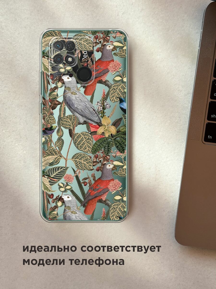 Чехол на Xiaomi Redmi 10C / Сяоми Редми 10C с принтом "Tropical pattern", прозрачный — фото 1
