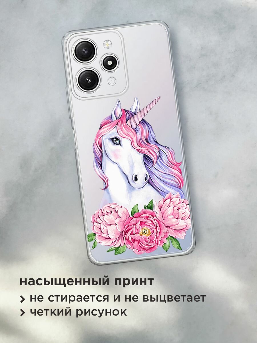 Чехол на Xiaomi Redmi 12 / Сяоми Редми 12 с принтом "Единорог с пионами", прозрачный — фото 1