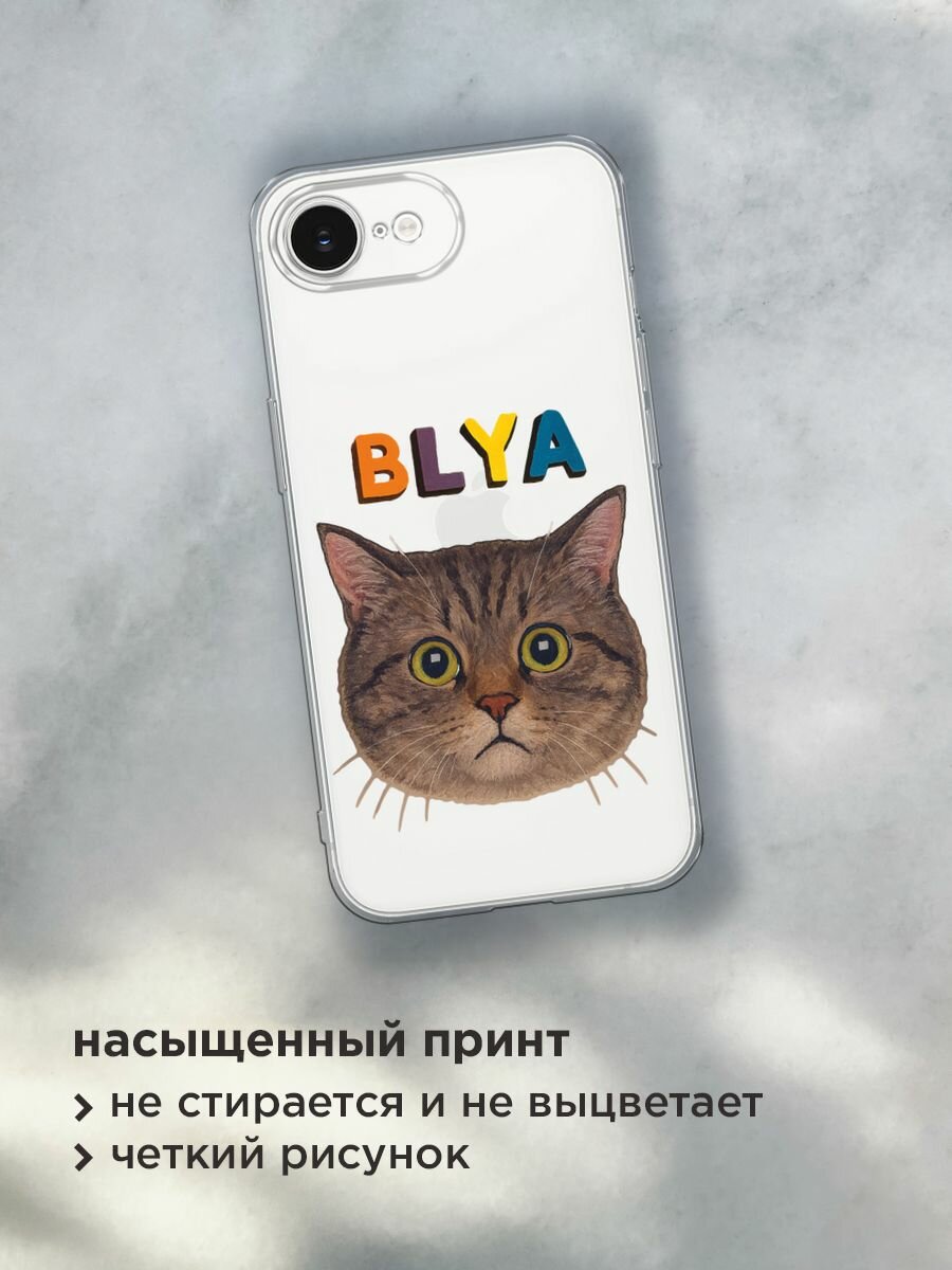 Чехол на Apple iPhone 16e/17e / Айфон 16е/17e с принтом "Серый котик", прозрачный — фото 1
