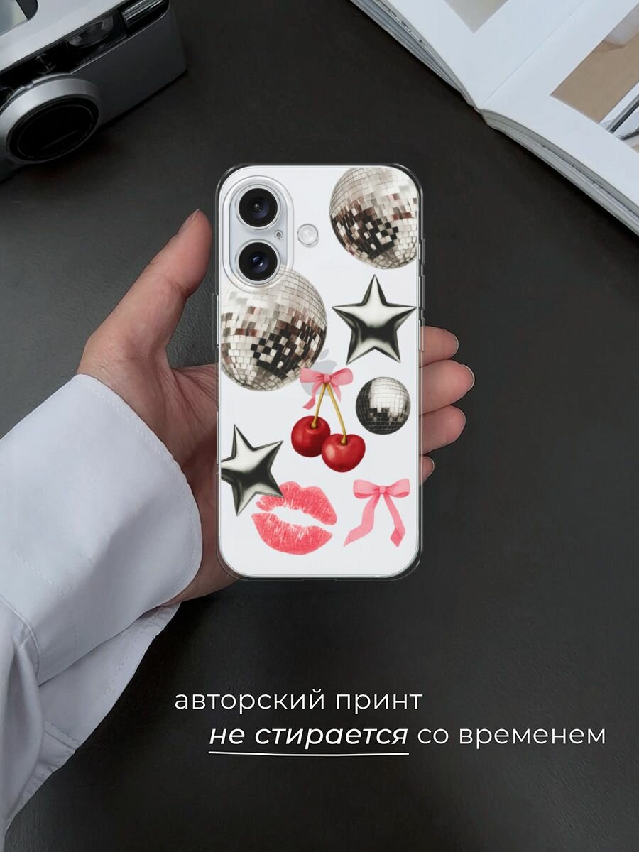 Чехол на Apple iPhone 16 / Айфон 16 с принтом "Стильная подборка", прозрачный — фото 1