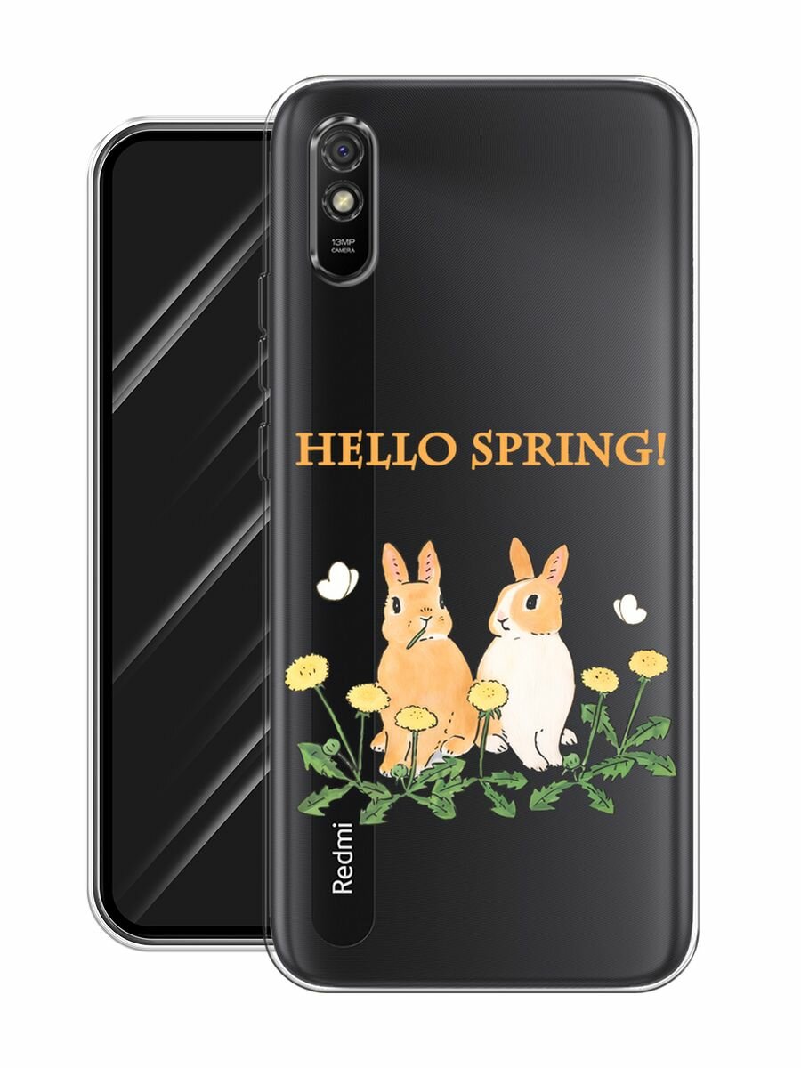 Чехол на Xiaomi Redmi 9A / Сяоми Редми 9А с принтом "Весенние кролики", прозрачный — фото 1