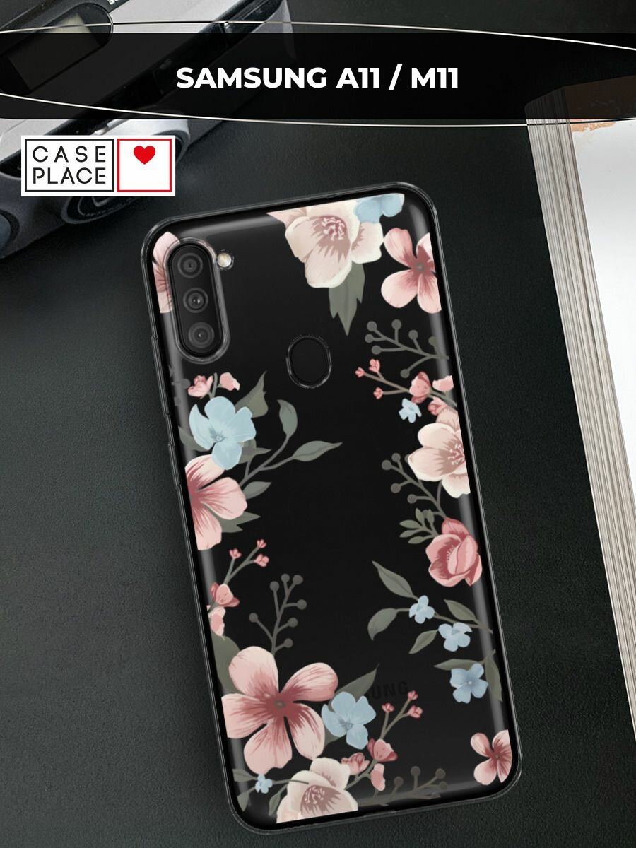 Чехол на Samsung Galaxy A11/M11 / Самсунг Галакси A11/M11 с принтом "Нежная рамка из цветов", прозрачный
